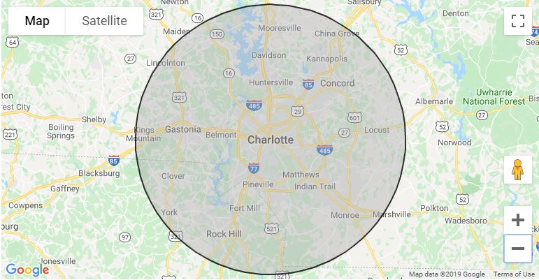 WB Investigations Service Area | 60 Mile Radius of Charlotte NC